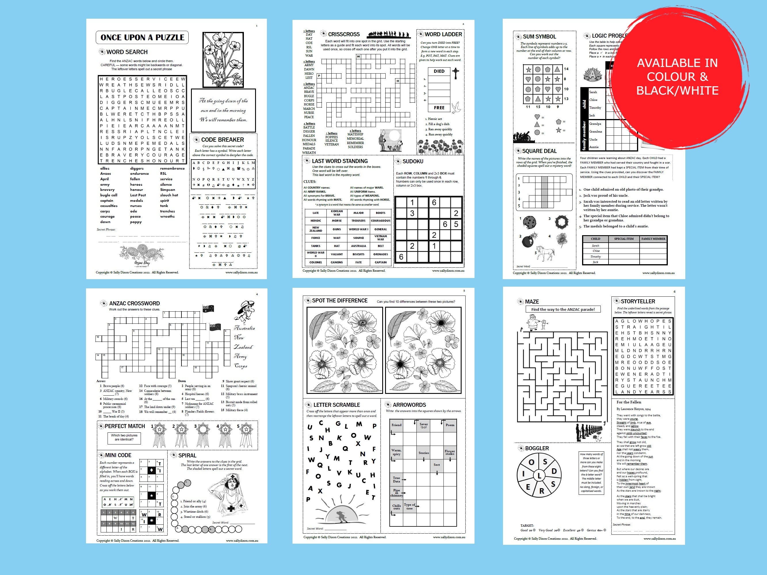 ANZAC DAY, Puzzle Sheets, Printable Activity Sheet, PDF File, Crossword ...