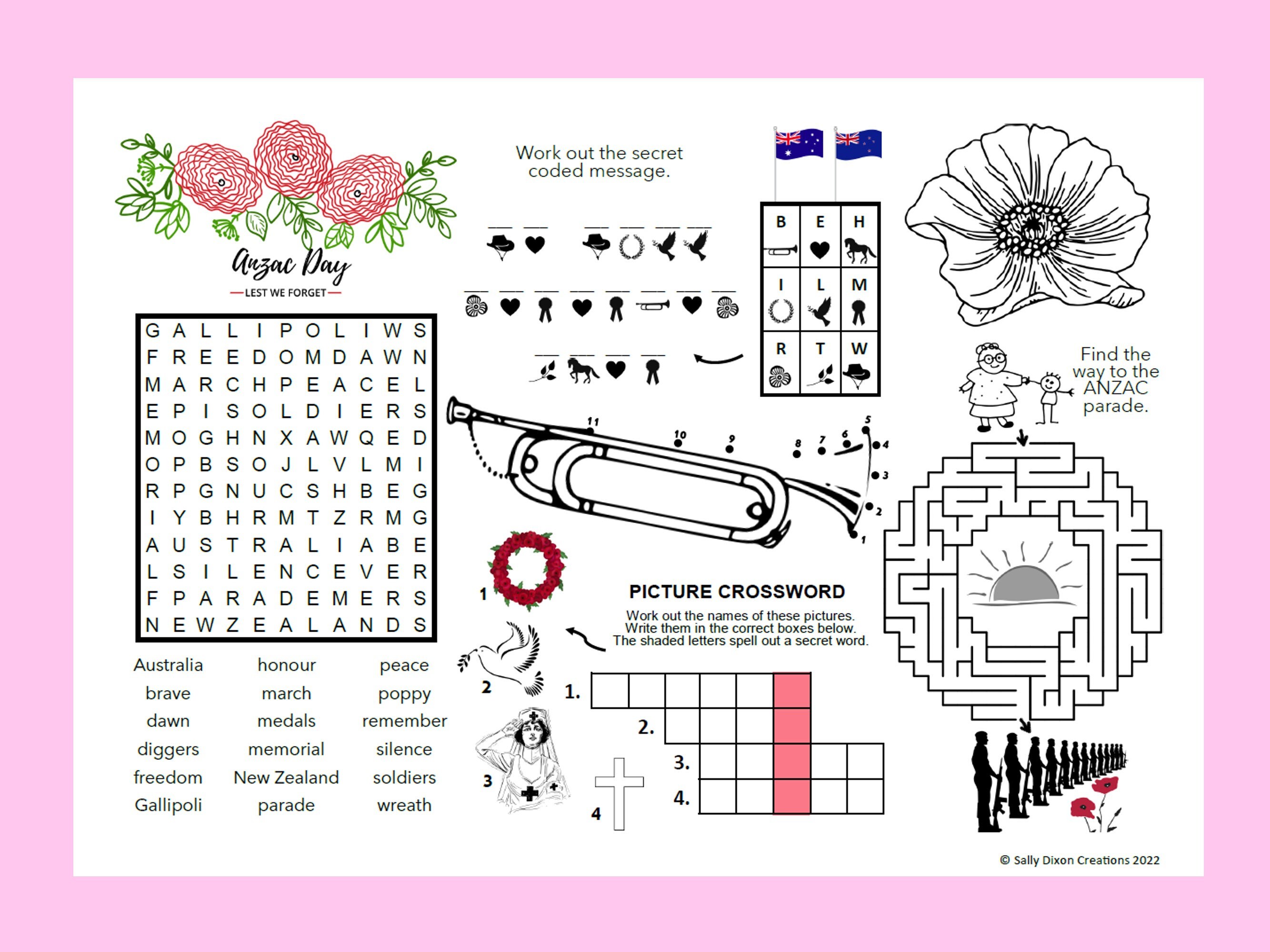 ANZAC DAY, Puzzle Sheet, Puzzle Placemat, Printable Activity Sheet, PDF ...