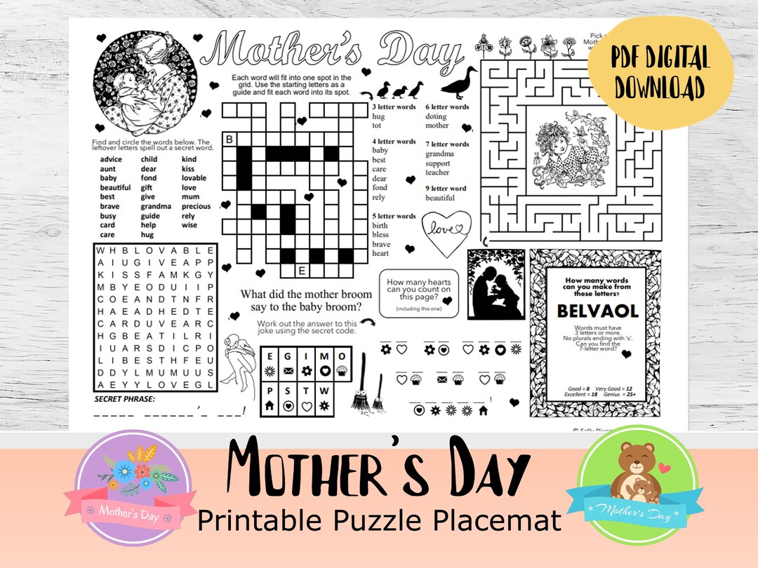 Mother's Day Puzzle Placemat: Printable Activity Sheet (PDF Digital ...