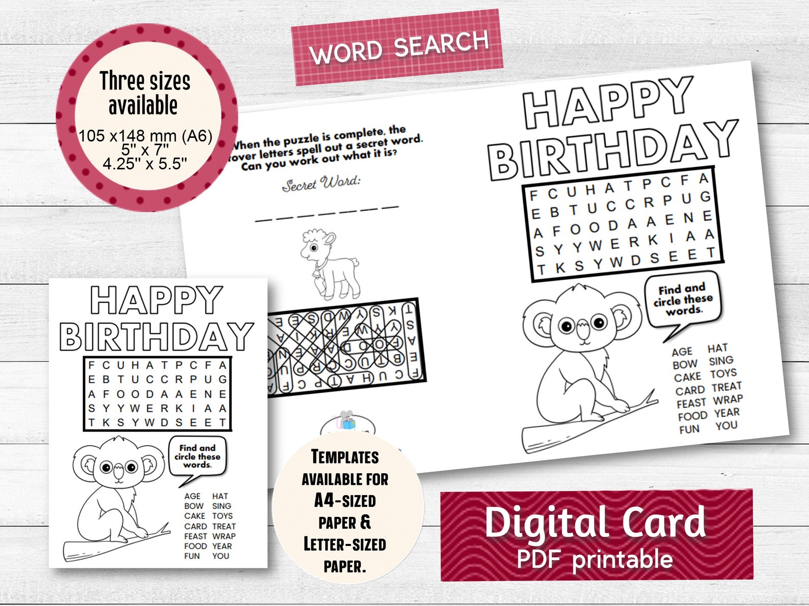 WORD SEARCH Colouring Cards, Happy Birthday Card, PDF Digital Download ...
