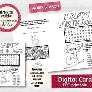 WORD SEARCH Colouring Cards, Happy Birthday Card, PDF Digital Download ...