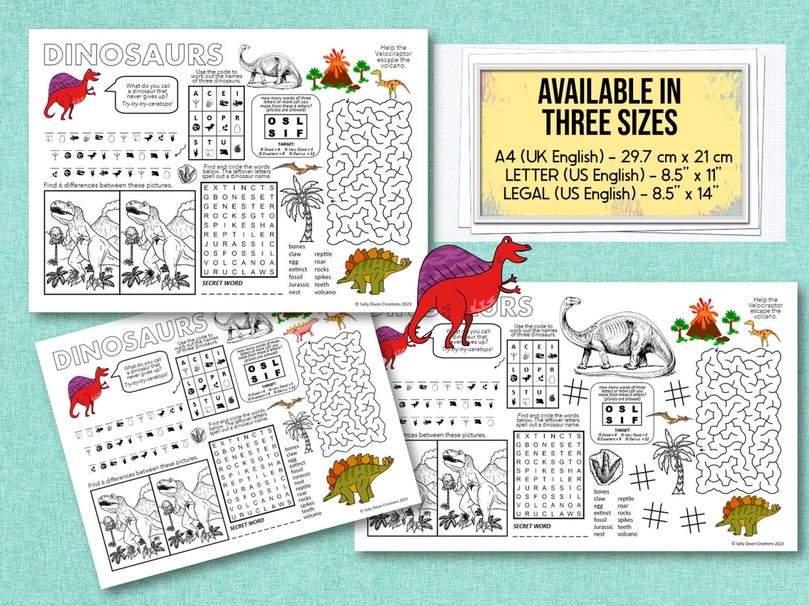DINOSAURS Printable, Puzzle Place Mat, Crossword Puzzles, Dinosaur ...