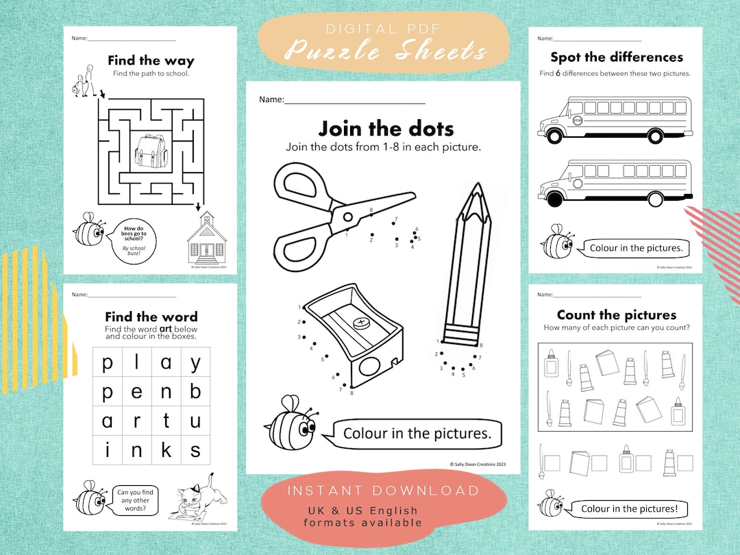 Back to School Puzzle Sheets, Digital Download, Kindergarten Puzzle ...