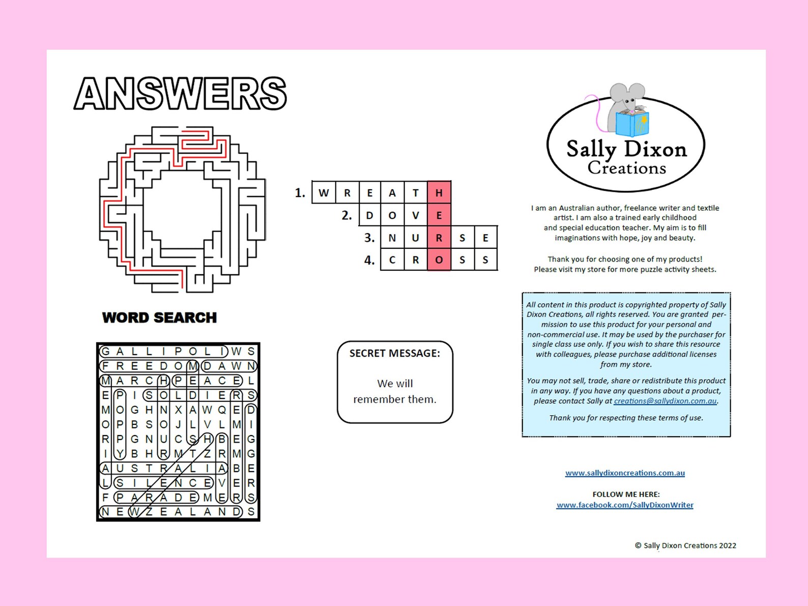 ANZAC DAY, Puzzle Sheet, Puzzle Placemat, Printable Activity Sheet, PDF ...