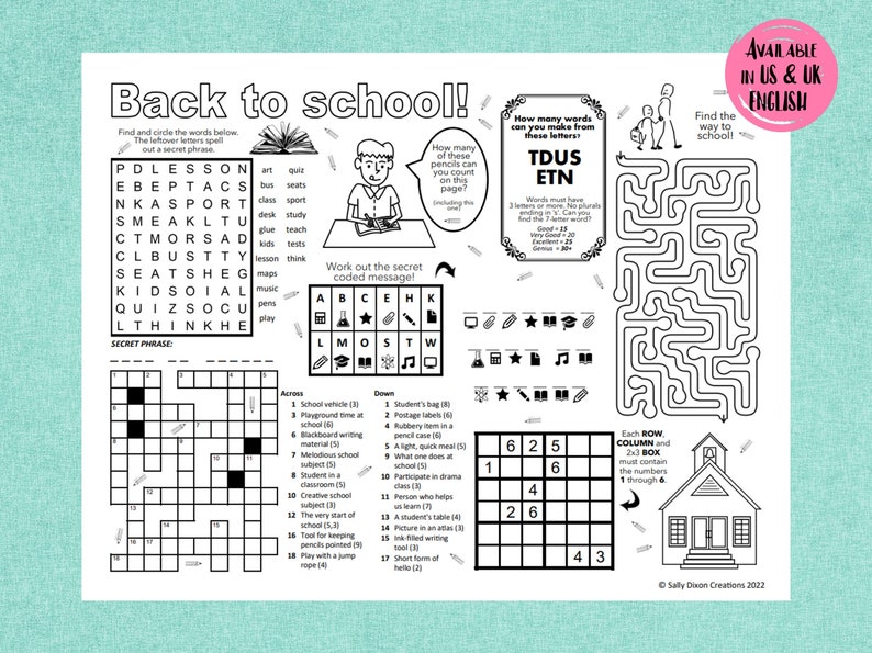 Back to School Puzzle Sheet, Digital Download, Printable Puzzle Sheet ...