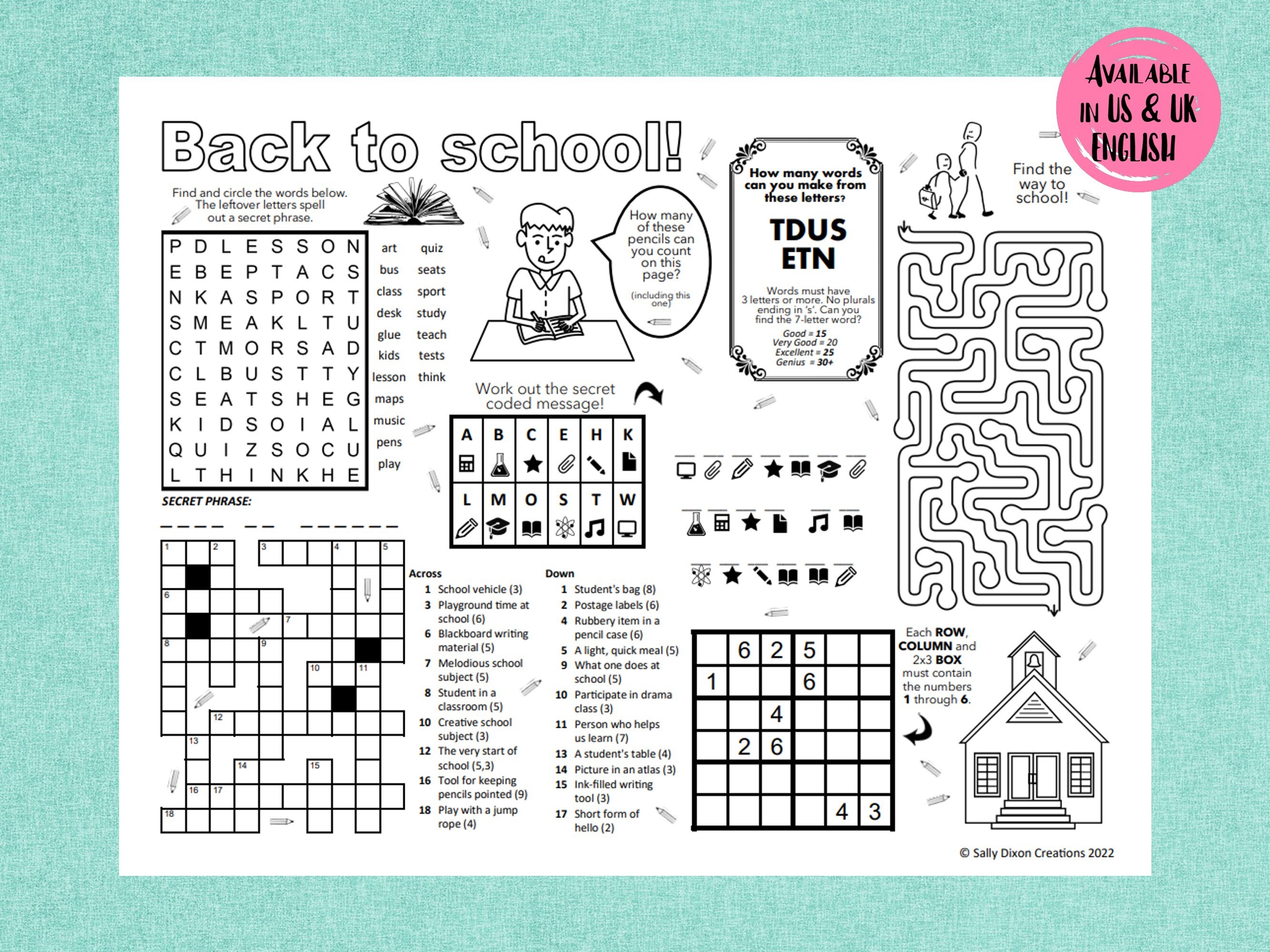 Back to School Puzzle Sheet, Digital Download, Printable Puzzle Sheet ...
