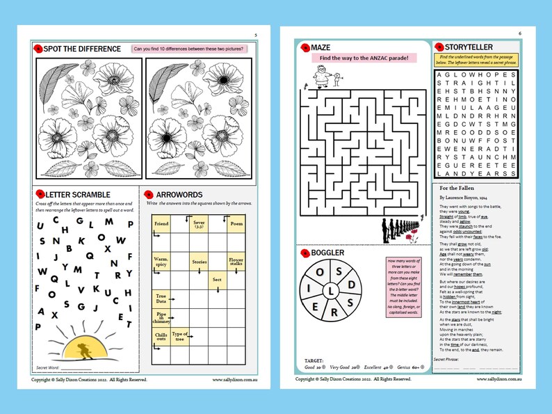 ANZAC DAY Puzzle Sheets Printable Activity Sheet PDF File - Etsy