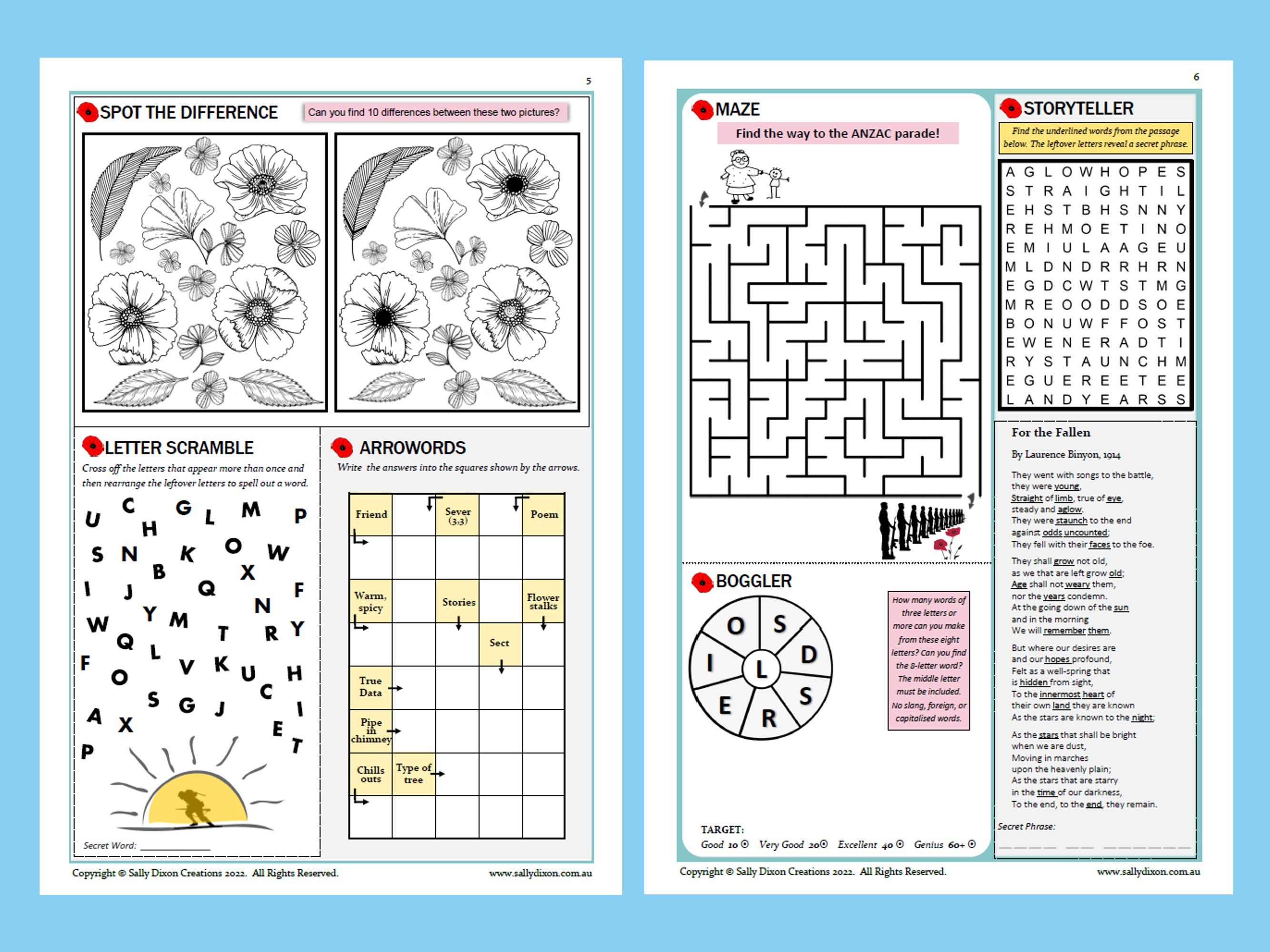 ANZAC DAY, Puzzle Sheets, Printable Activity Sheet, PDF File, Crossword ...
