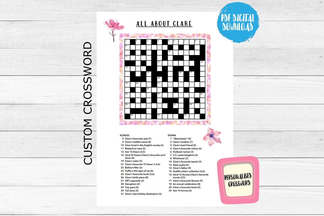 Printable Custom Crossword Puzzle Digital Birthday T Pdf Crossword Puzzles Activity