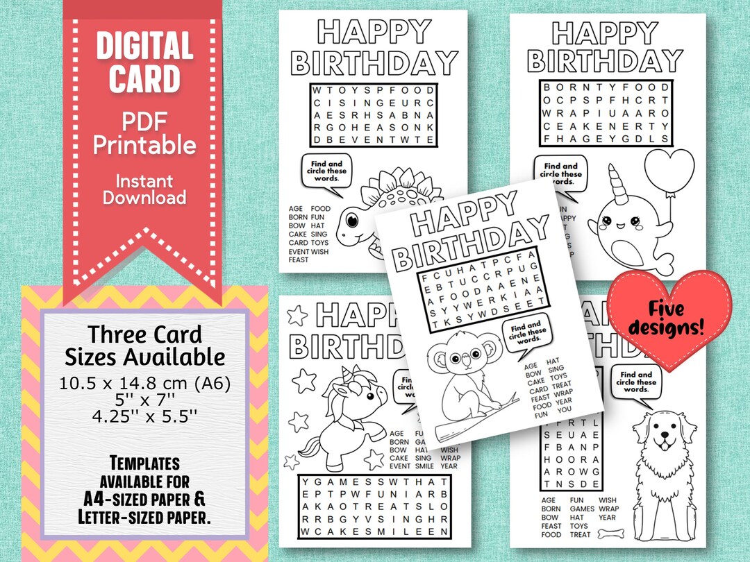 WORD SEARCH Colouring Cards, Happy Birthday Card, PDF Digital Download ...