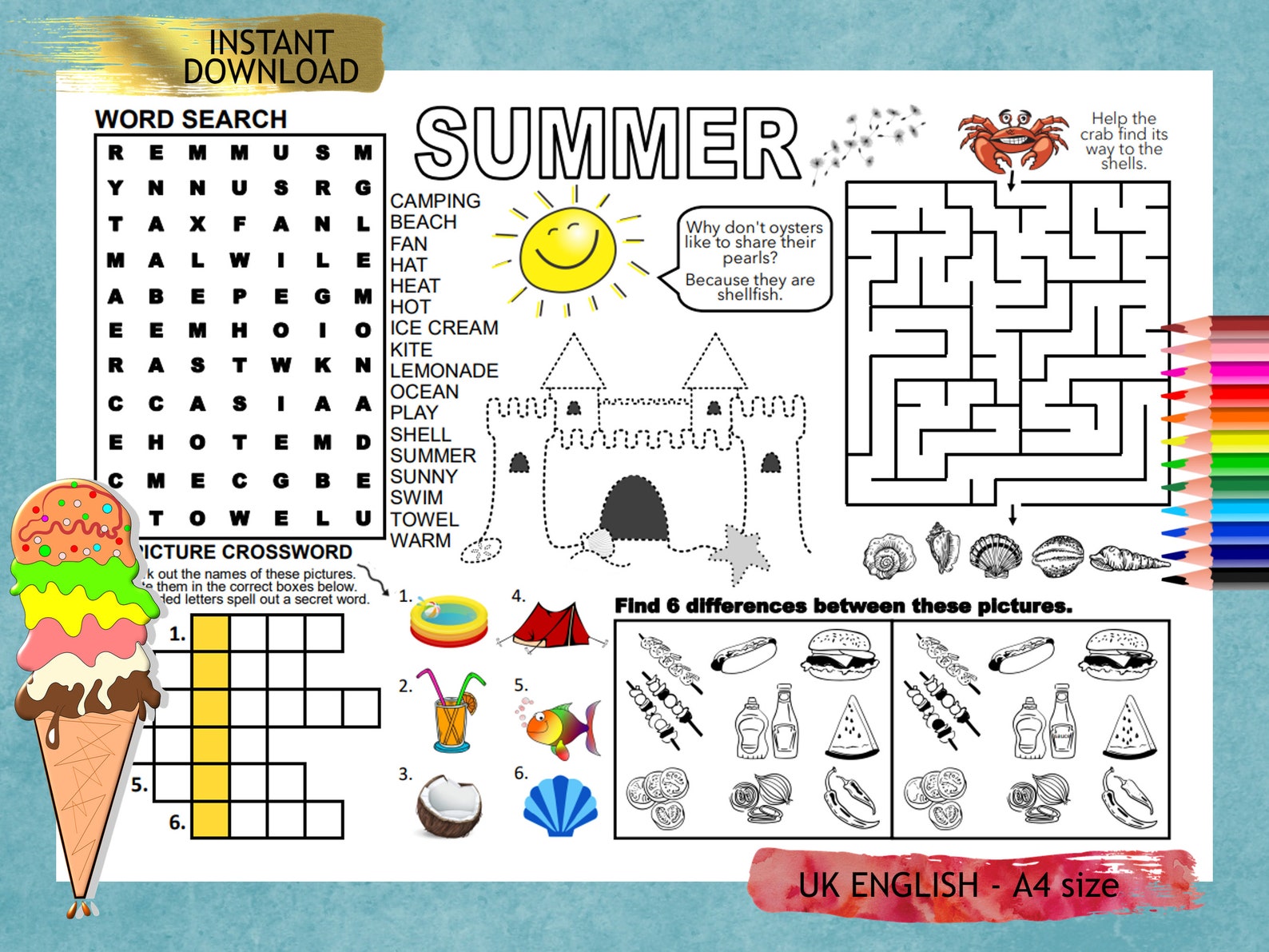 Summer Puzzle Placemat: Kids Activity Sheet, Printable (PDF Digital ...