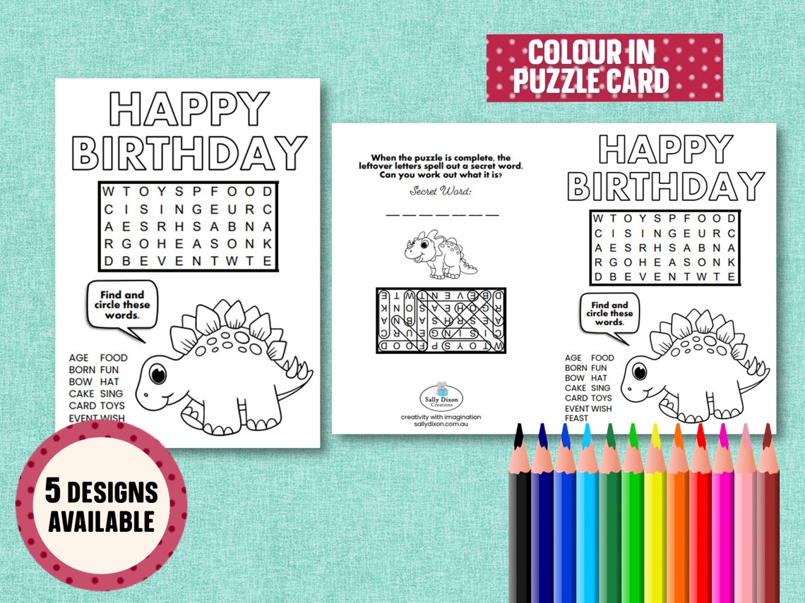 WORD SEARCH Colouring Cards, Happy Birthday Card, PDF Digital Download ...