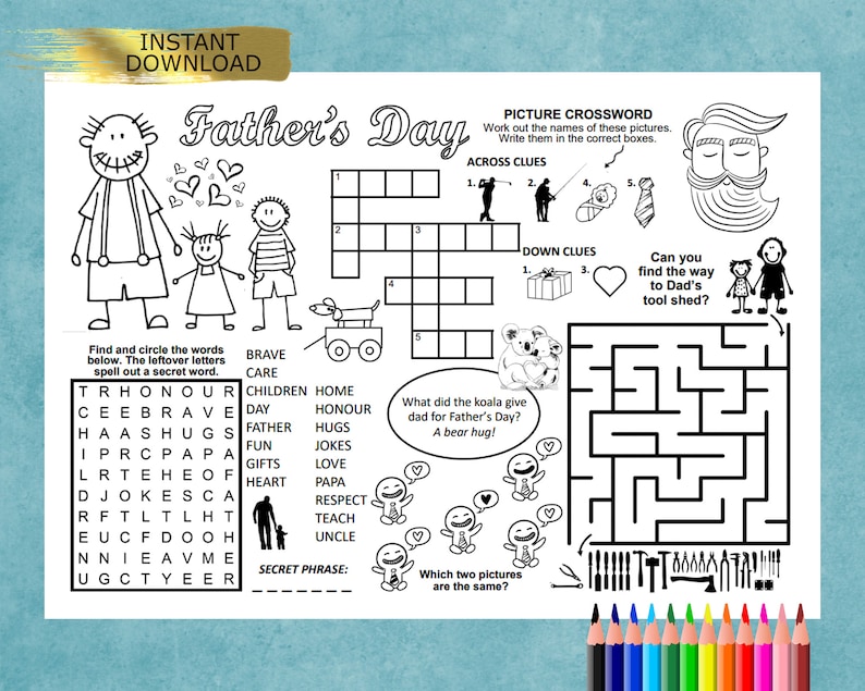 FATHER'S DAY, Puzzle Placemat, PDF Digital Download, Crossword Puzzles ...