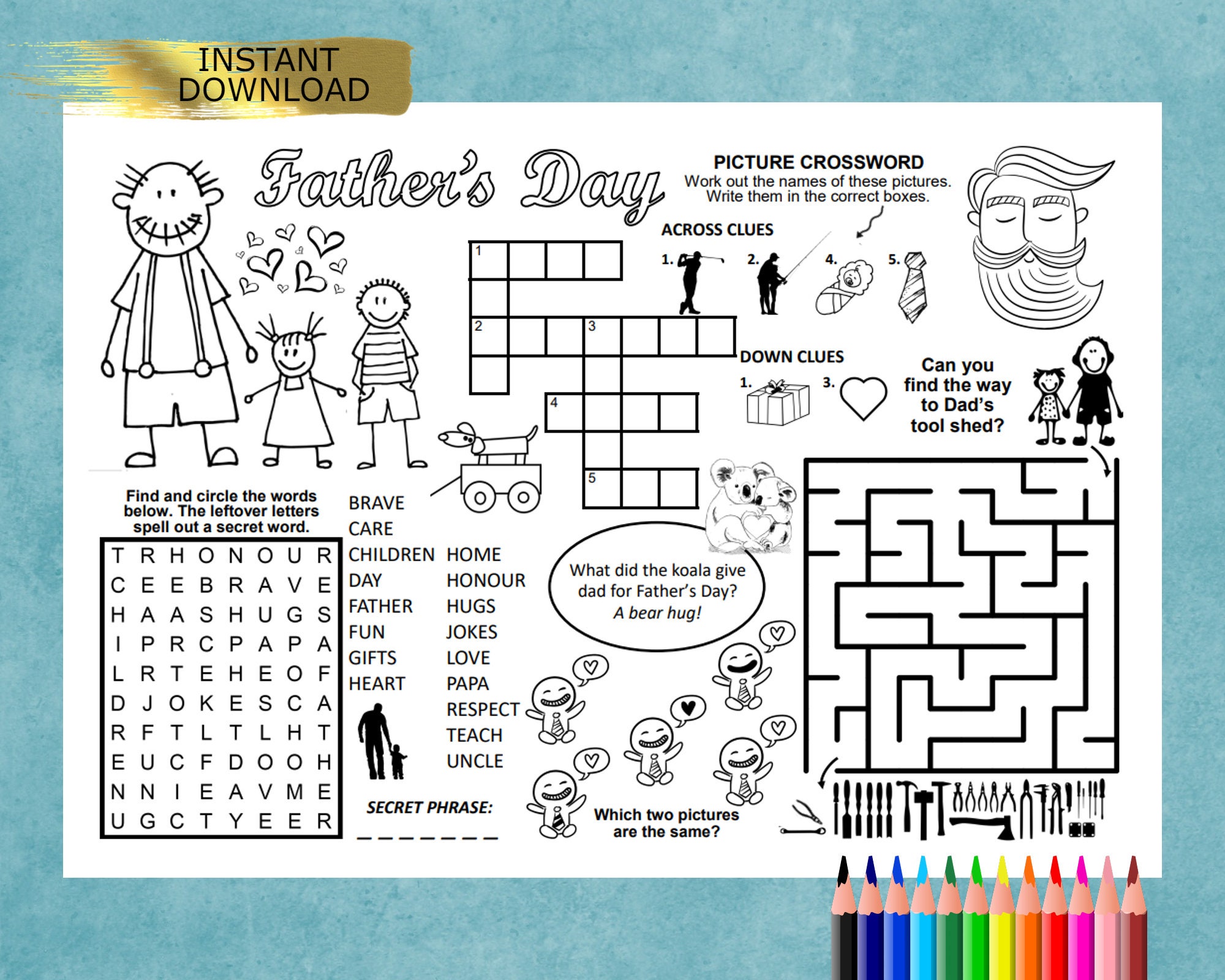 FATHER'S DAY, Puzzle Placemat, PDF Digital Download, Crossword Puzzles ...