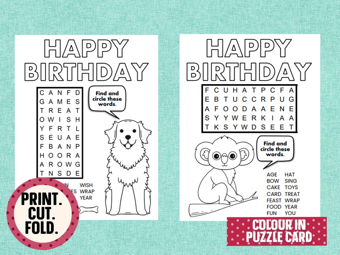 WORD SEARCH Colouring Cards, Happy Birthday Card, PDF Digital Download ...