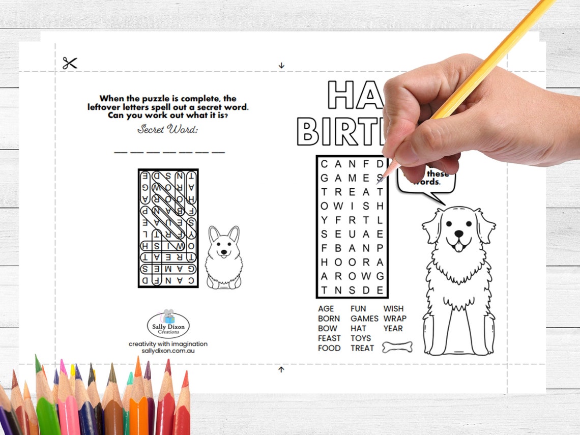 WORD SEARCH Colouring Cards, Happy Birthday Card, PDF Digital Download ...