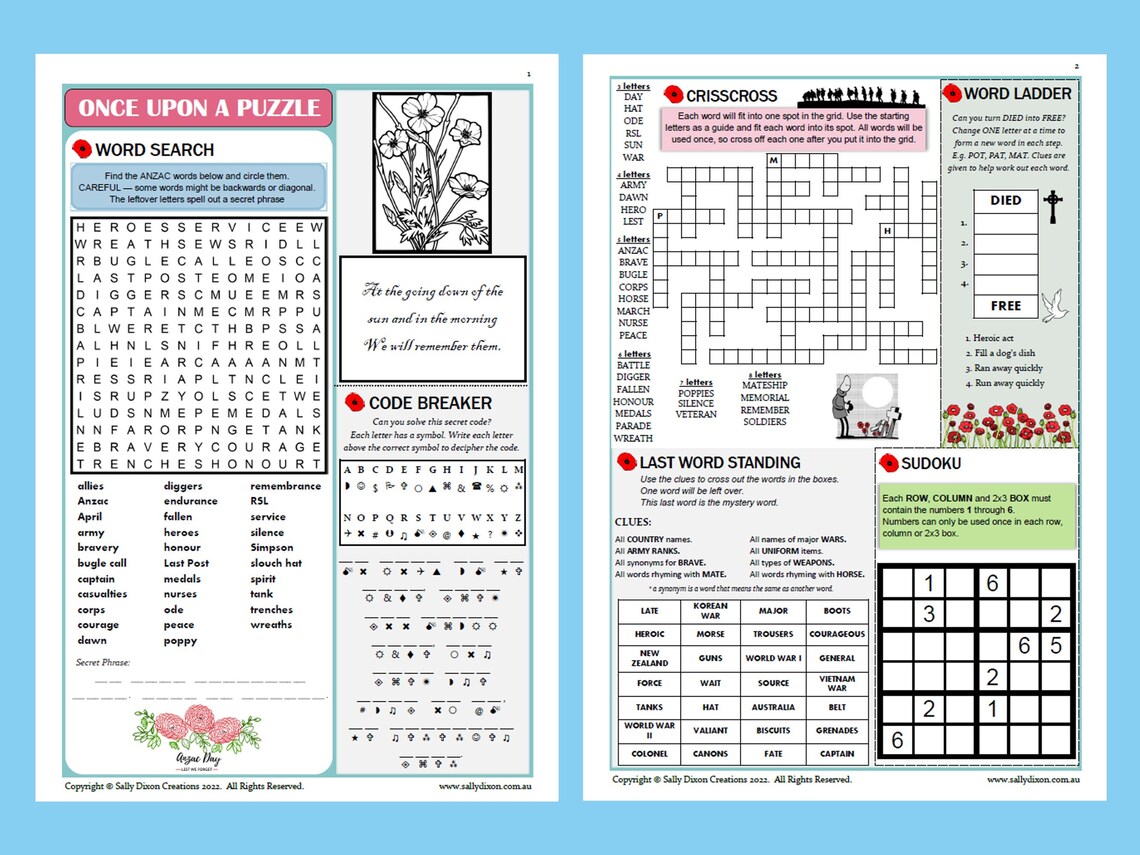 ANZAC DAY, Puzzle Sheets, Printable Activity Sheet, PDF File, Crossword ...