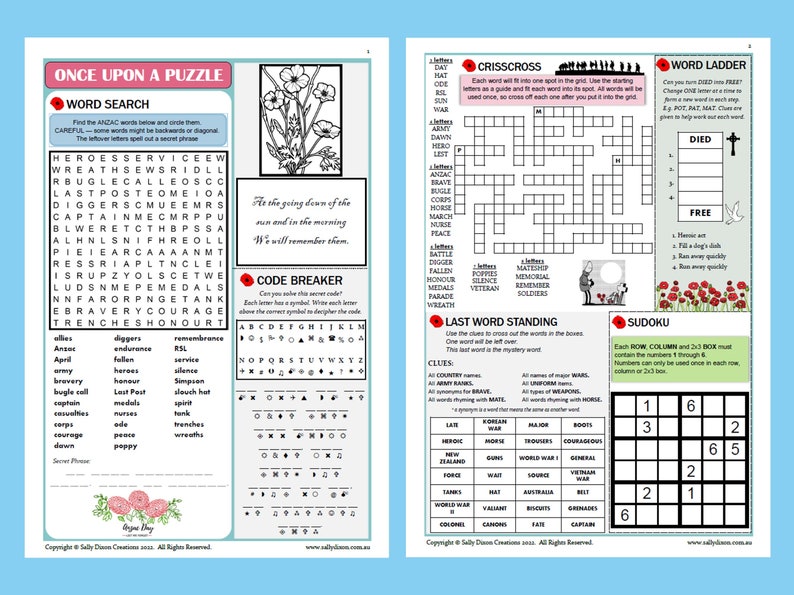 ANZAC DAY, Puzzle Sheets, Printable Activity Sheet, PDF File, Crossword ...