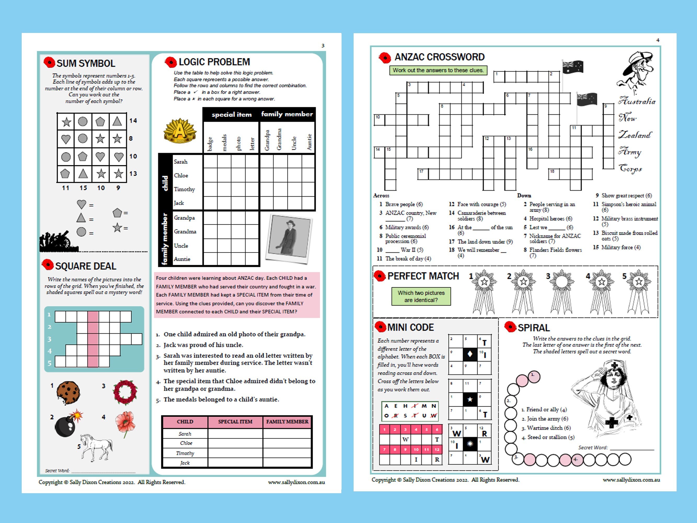 ANZAC DAY, Puzzle Sheets, Printable Activity Sheet, PDF File, Crossword ...