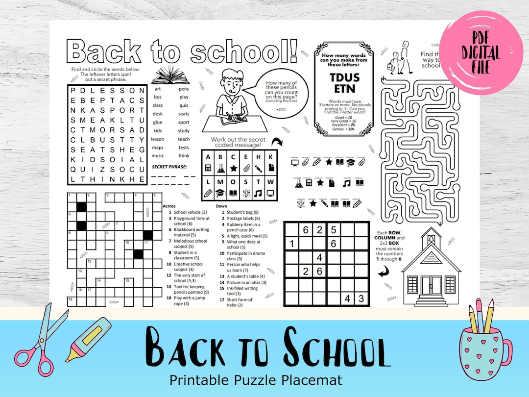 Back to School Puzzle Sheet, Digital Download, Printable Puzzle Sheet ...