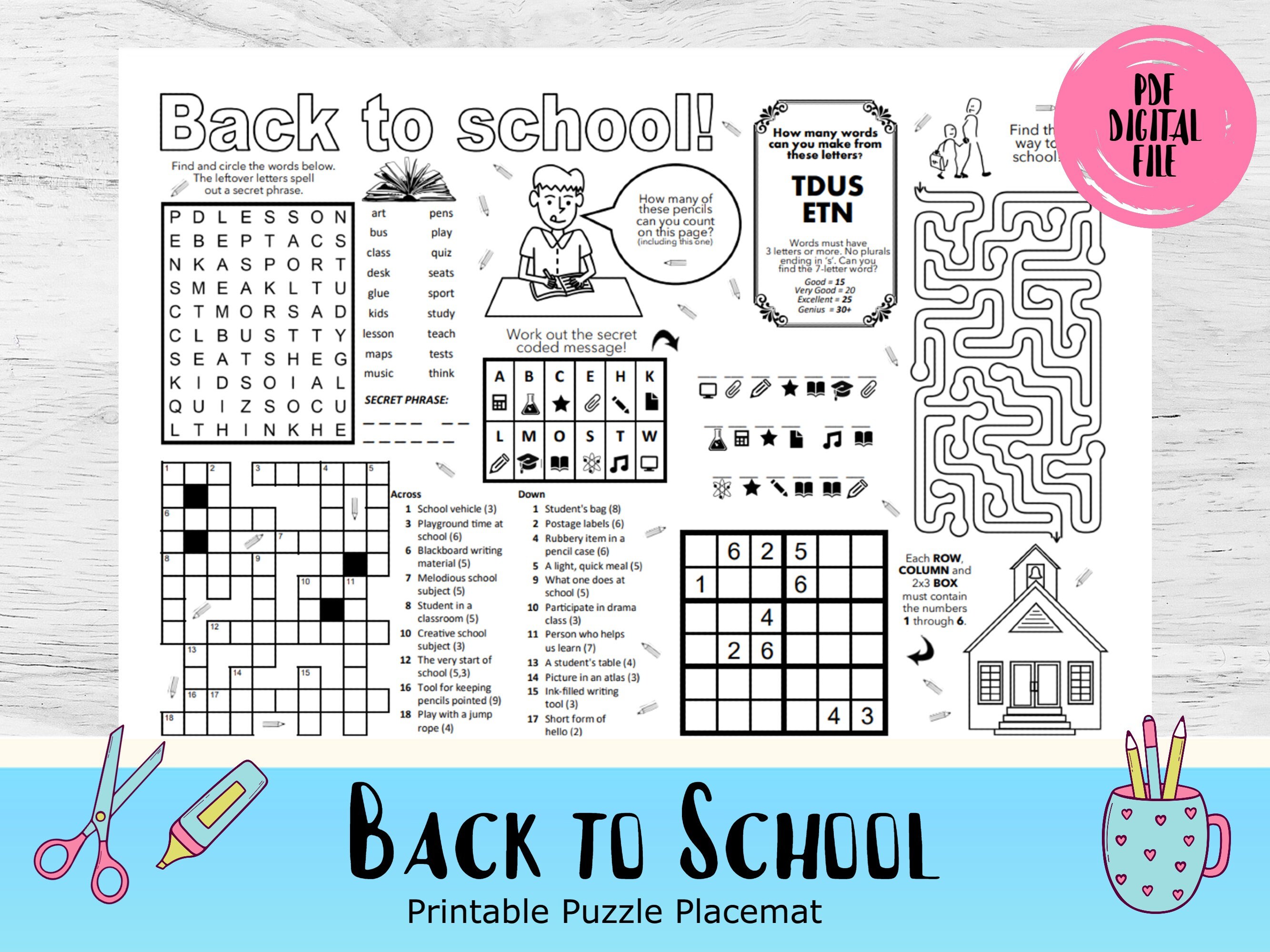 Back to School Puzzle Sheet, Digital Download, Printable Puzzle Sheet ...
