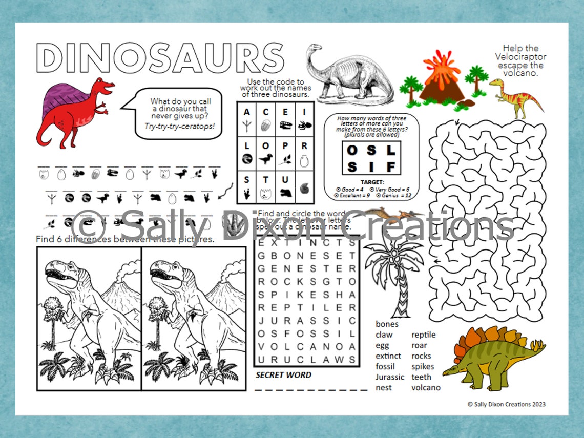 DINOSAURS Printable, Puzzle Place Mat, Crossword Puzzles, Dinosaur ...
