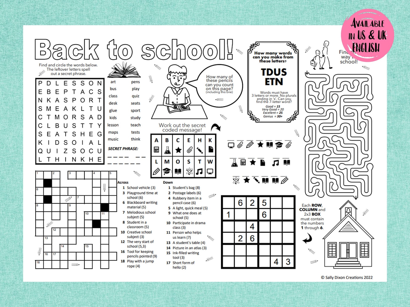 Back to School Puzzle Sheet, Digital Download, Printable Puzzle Sheet ...