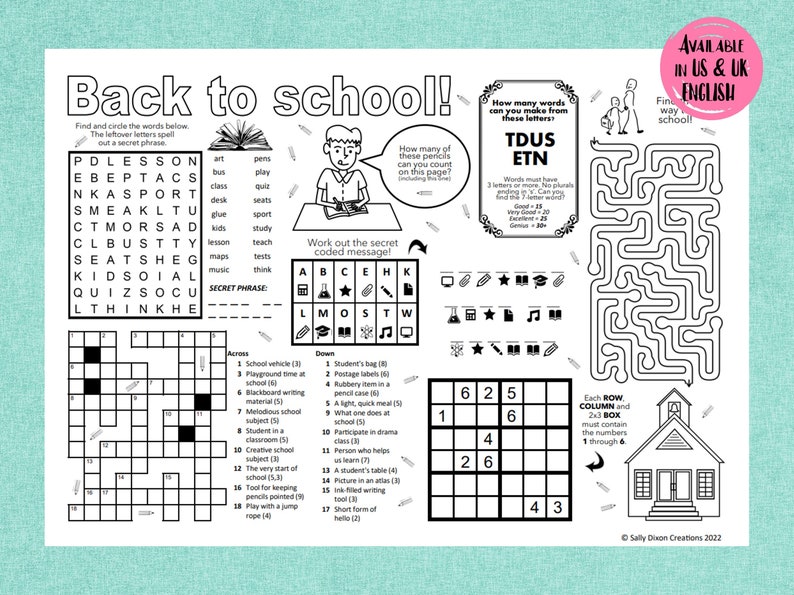 Back to School Puzzle Sheet, Digital Download, Printable Puzzle Sheet ...