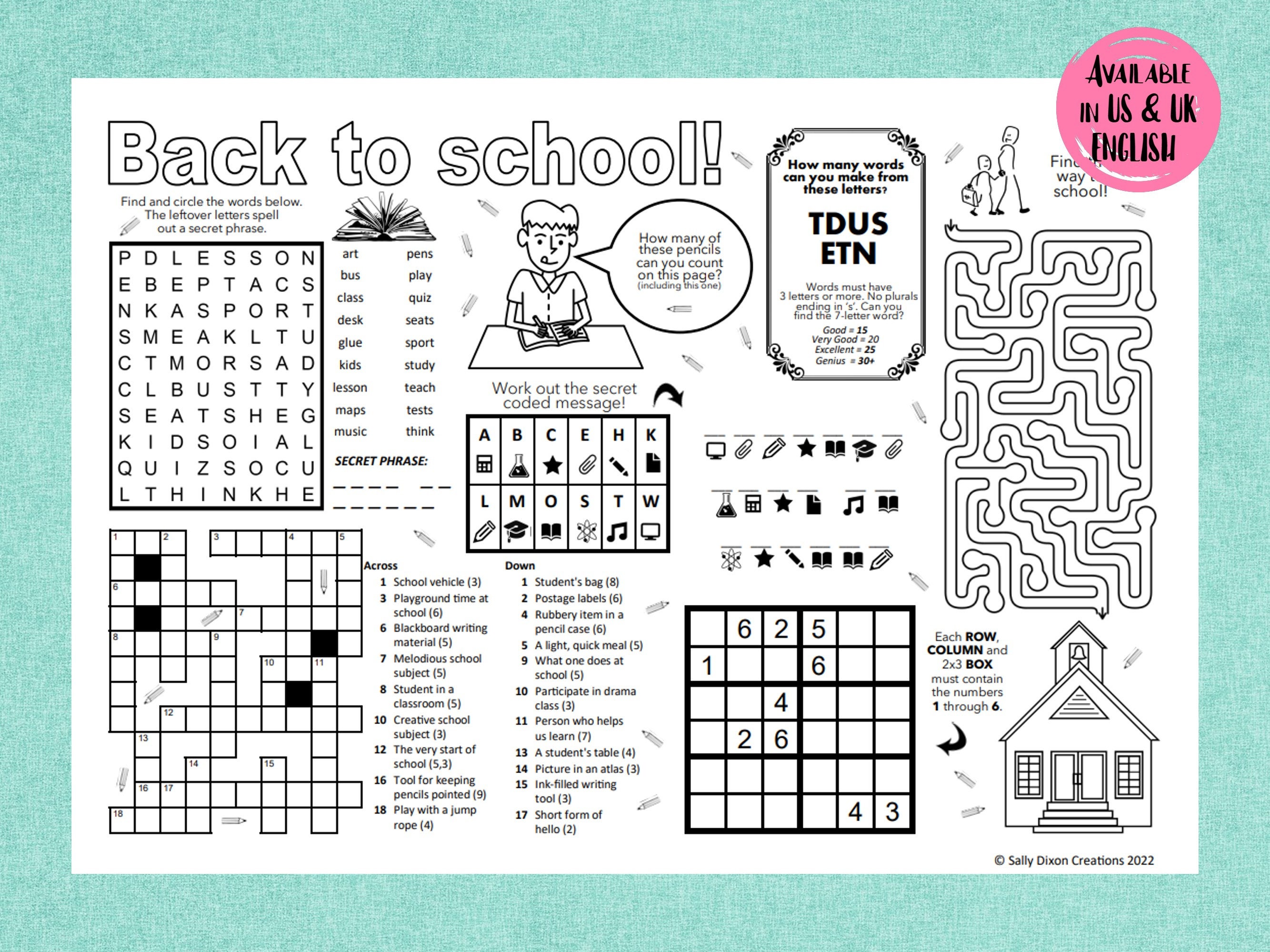 Back to School Puzzle Sheet, Digital Download, Printable Puzzle Sheet ...