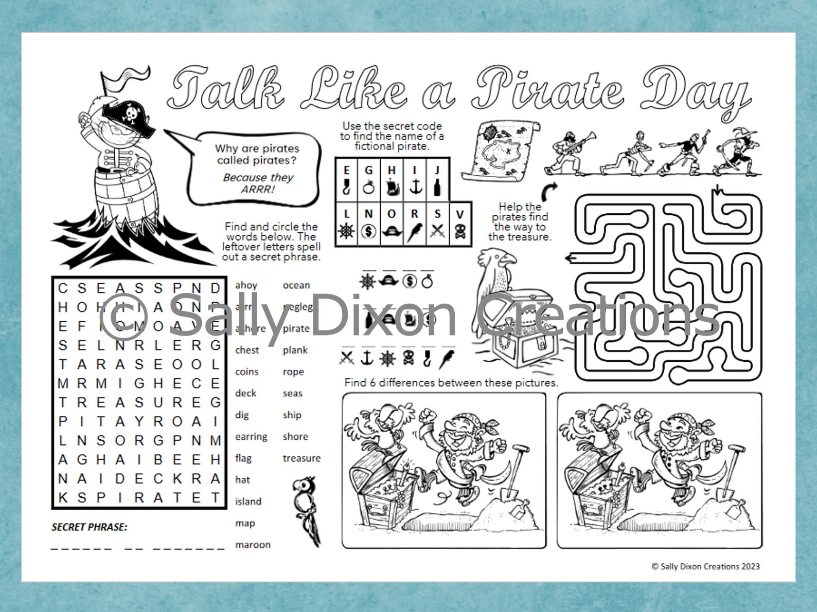 PIRATES Puzzle Place Mat, Talk Like a Pirate Day Printable, Crossword ...