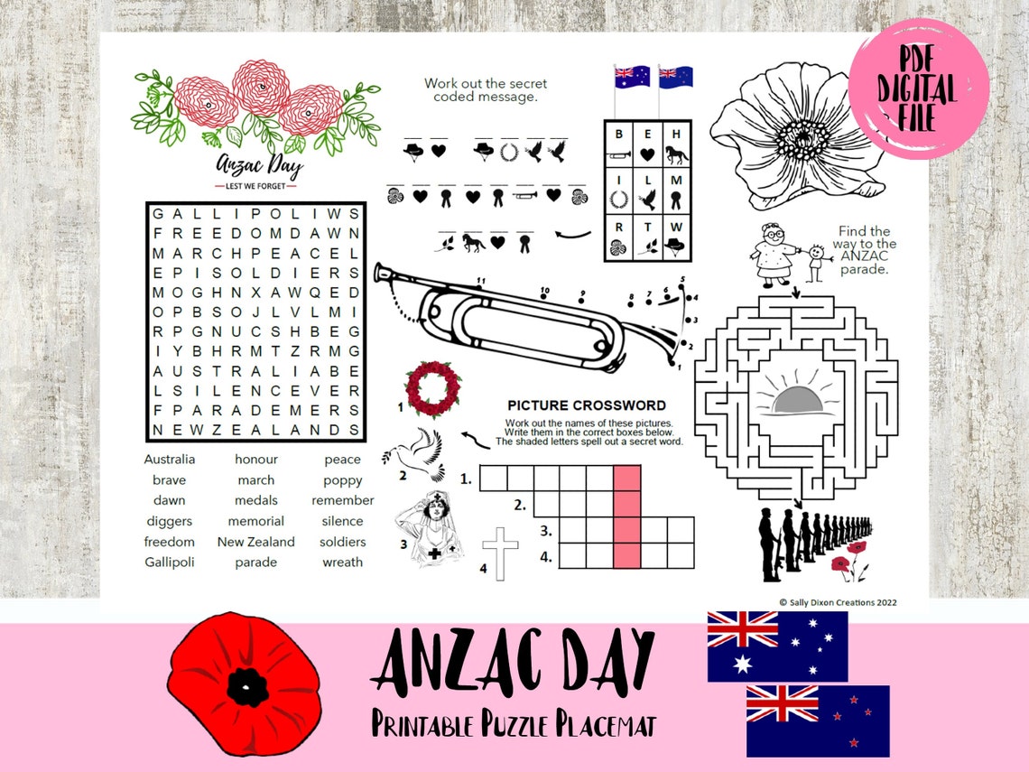 ANZAC DAY, Puzzle Sheet, Puzzle Placemat, Printable Activity Sheet, PDF ...