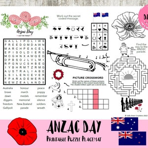 ANZAC DAY, Puzzle Sheet, Puzzle Placemat, Printable Activity Sheet, PDF ...
