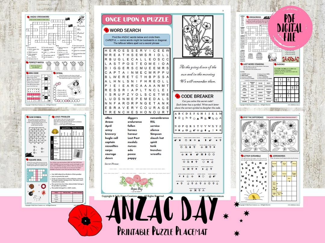ANZAC DAY, Puzzle Sheets, Printable Activity Sheet, PDF File, Crossword ...