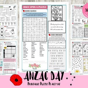 ANZAC DAY, Puzzle Sheets, Printable Activity Sheet, PDF File, Crossword ...