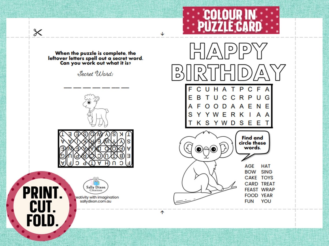 WORD SEARCH Colouring Cards, Happy Birthday Card, PDF Digital Download ...