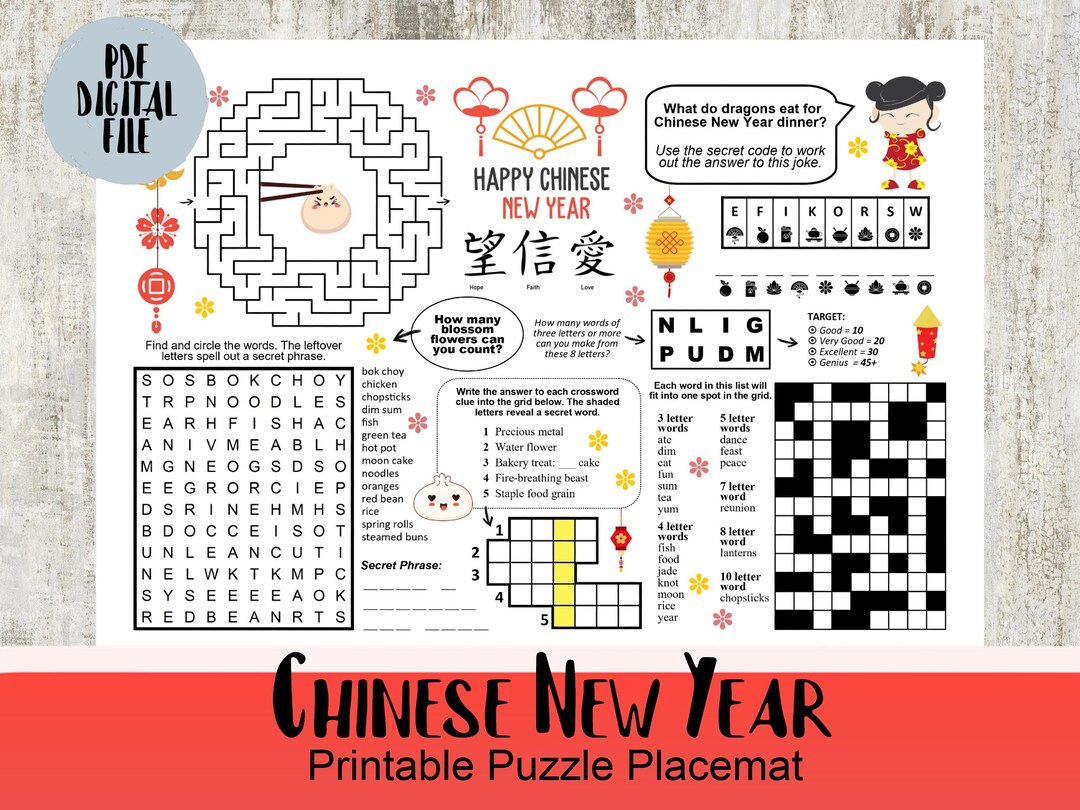 Chinese NEW YEAR Printable, Puzzle Place Mat, Crossword Puzzles, Lunar ...