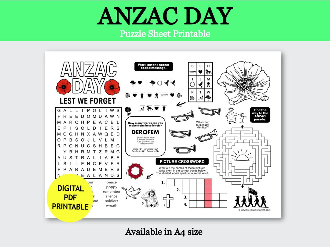 ANZAC Day Puzzle Placemat – Printable Activity Sheet PDF, Kids’ Puzzles ...