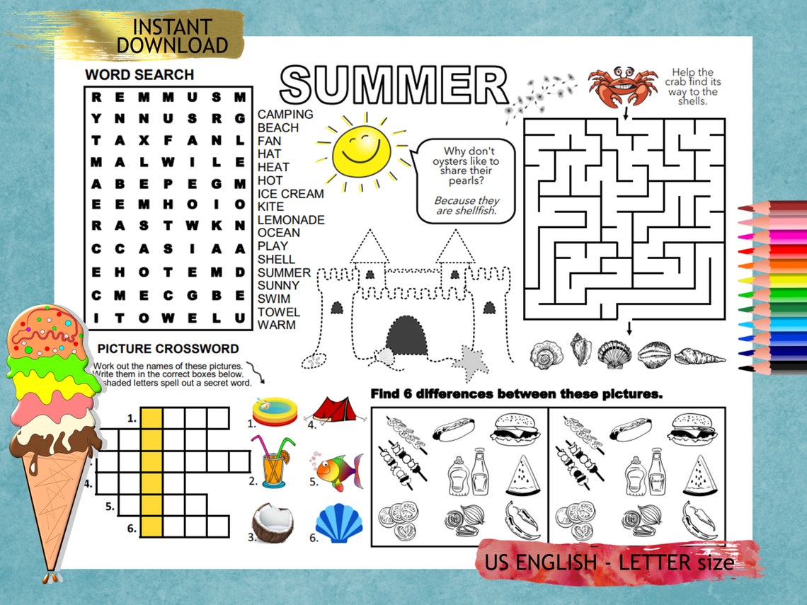 Summer Puzzle Placemat: Kids Activity Sheet, Printable (PDF Digital ...