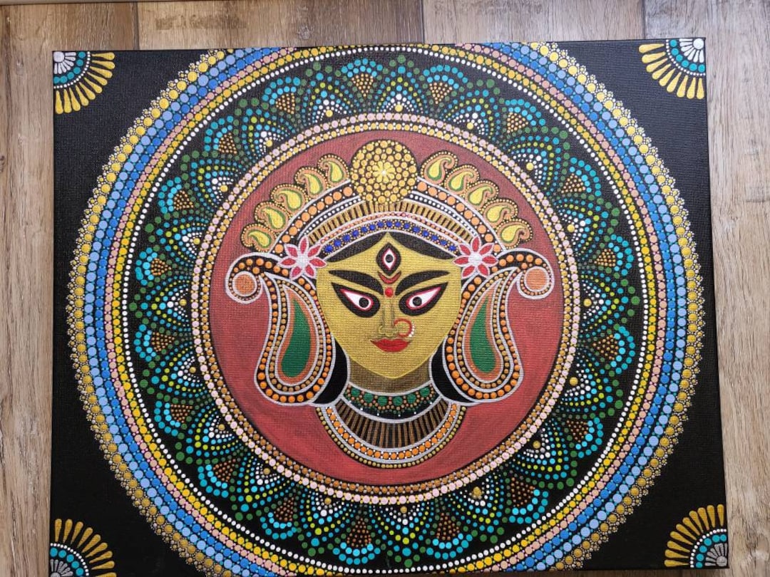 Dotted Mandala Art With Maa Durga Face on Black Canvas. It is a ...