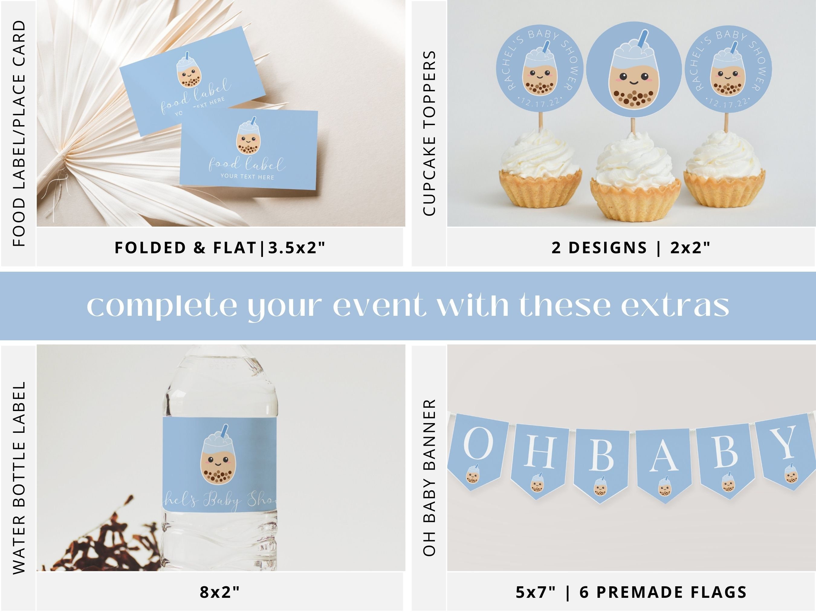 Boba Tea Baby Shower Invitation Bundle, Blue Bubble Milk Tea Baby ...