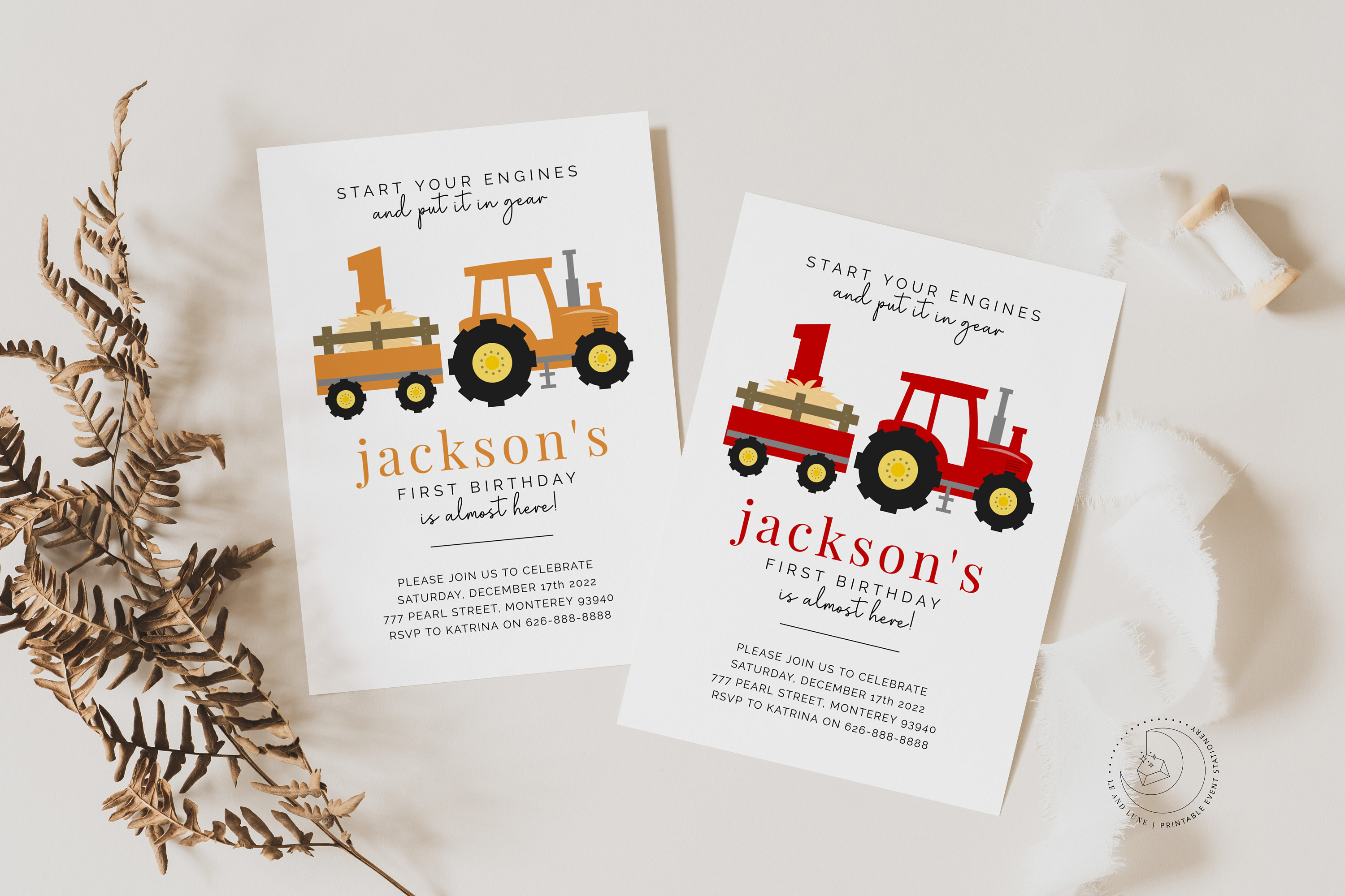 Minimalist Tractor Birthday Invitation, Farm Theme Party Invite ...