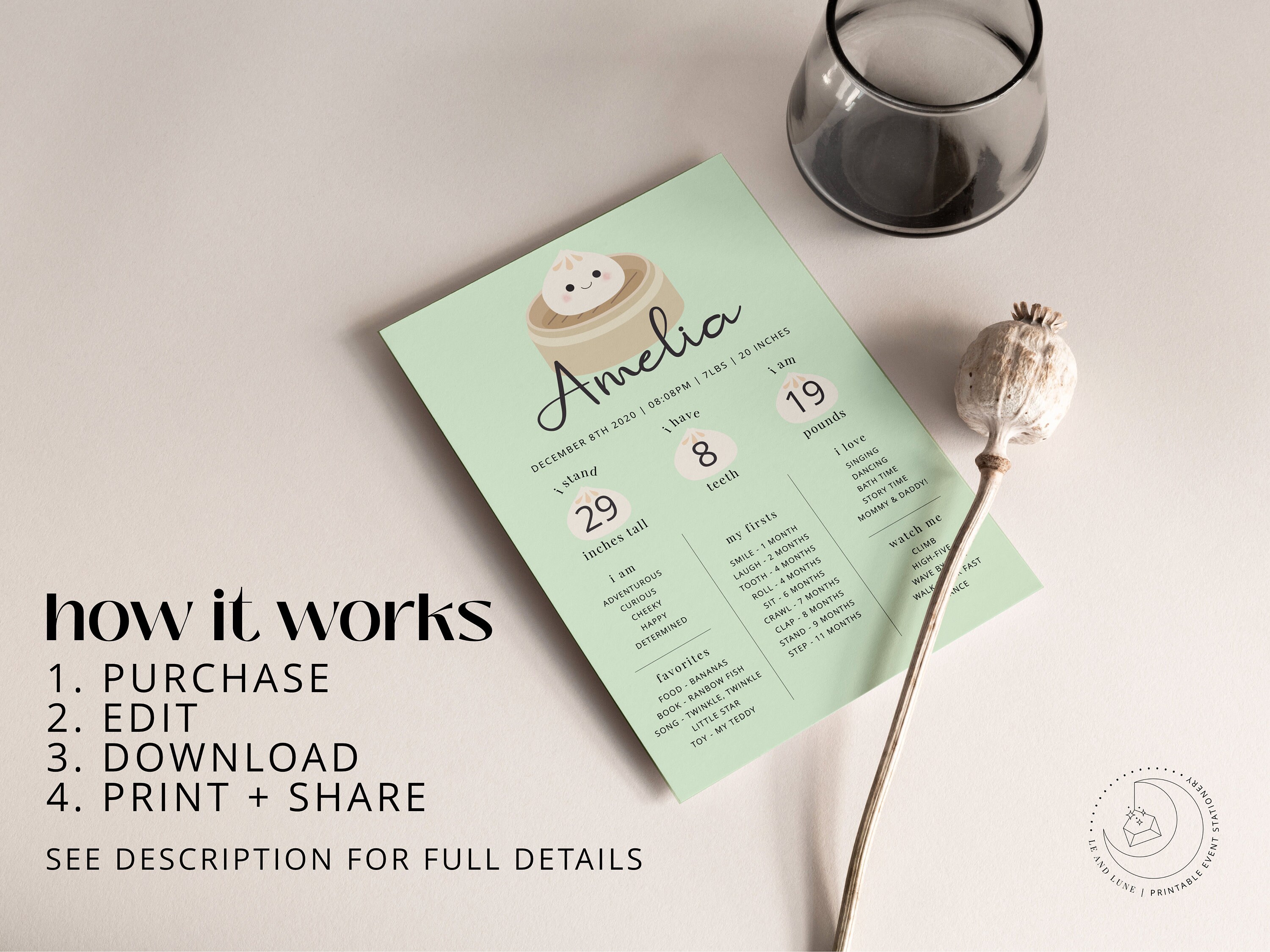 Dumpling Milestone Poster, 1st Year Stats Board, Dumpling 1st Birthday ...