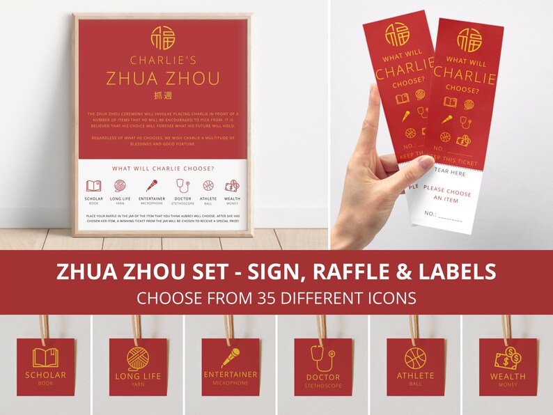 Zhua Zhou Set, Red Zhua Zhou Sign, Raffle and Labels, Chinese 1st ...