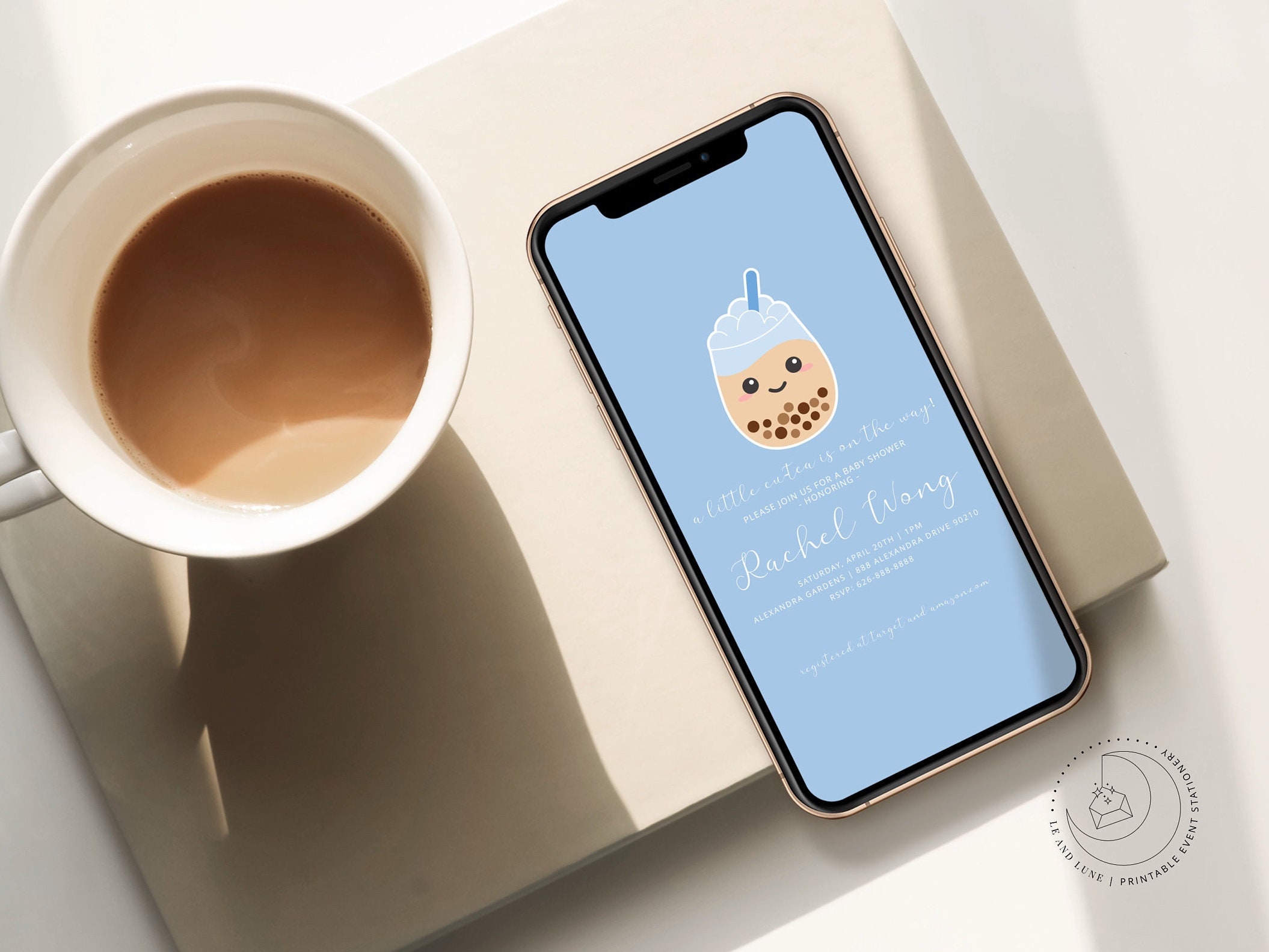 Boba Tea Baby Shower Invitation Bundle, Blue Bubble Milk Tea Baby ...