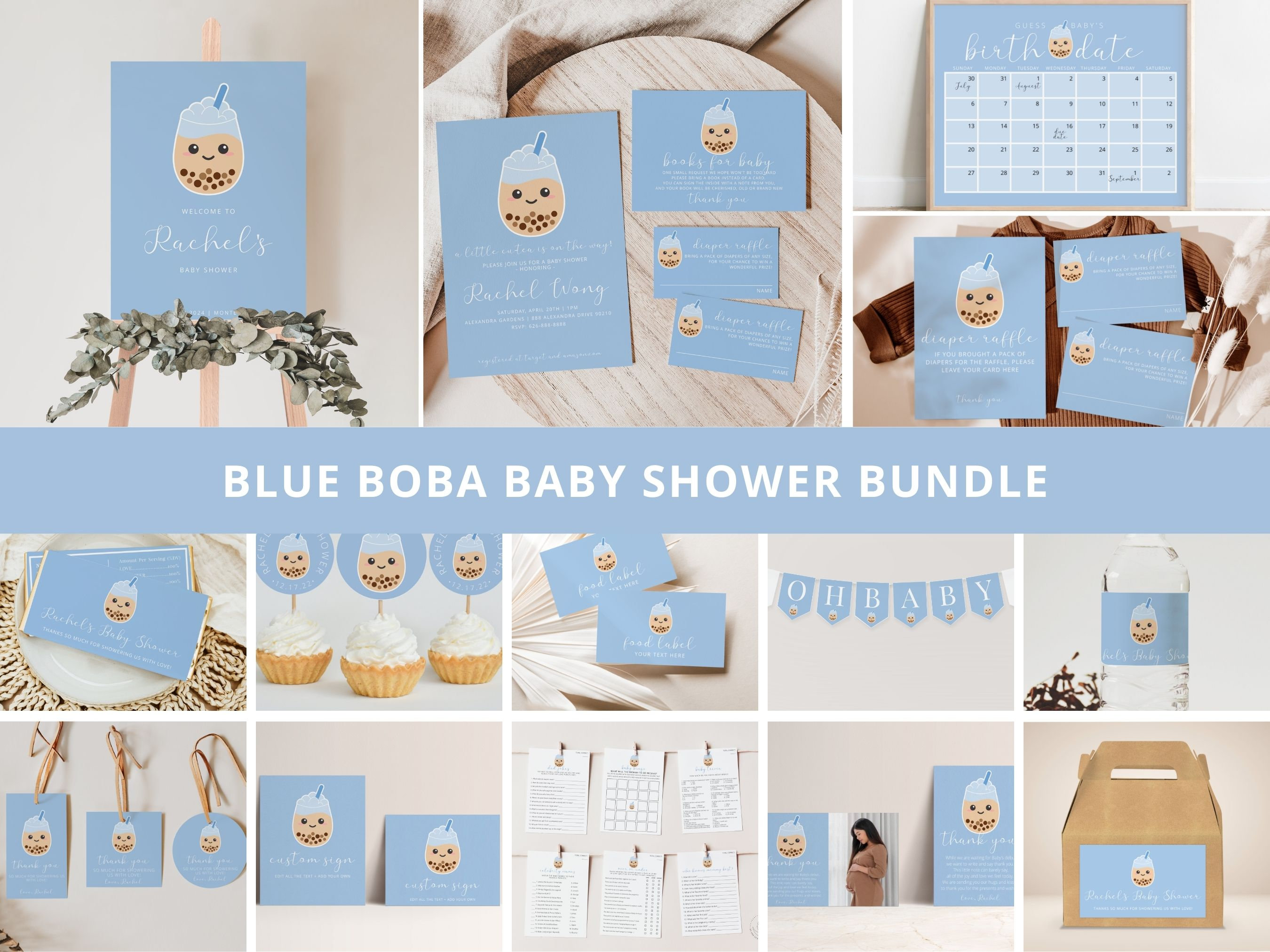 Boba Tea Baby Shower Invitation Bundle, Blue Bubble Milk Tea Baby ...