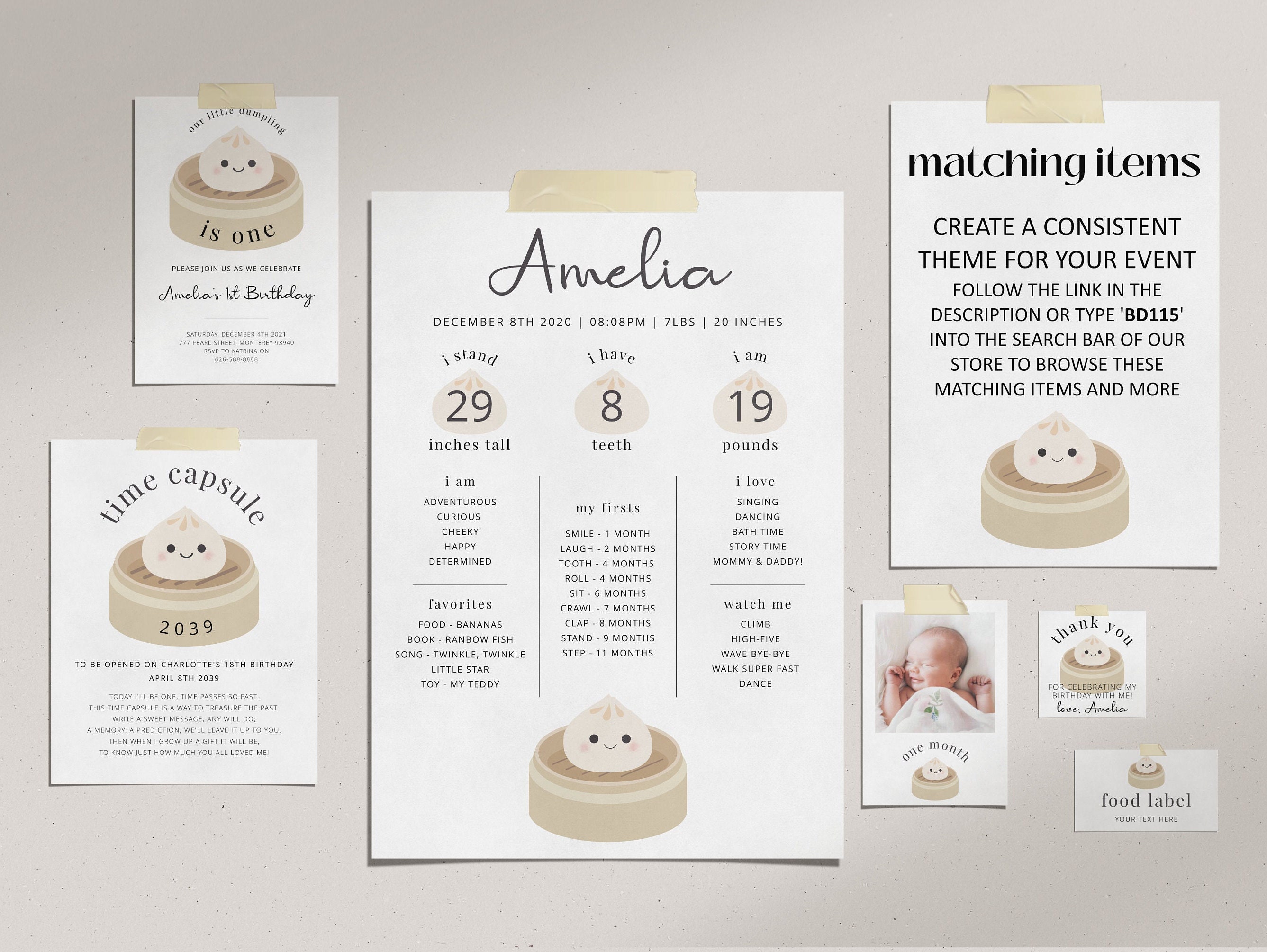 Dumpling Milestone Poster, 1st Year Stats Board, Dumpling 1st Birthday ...