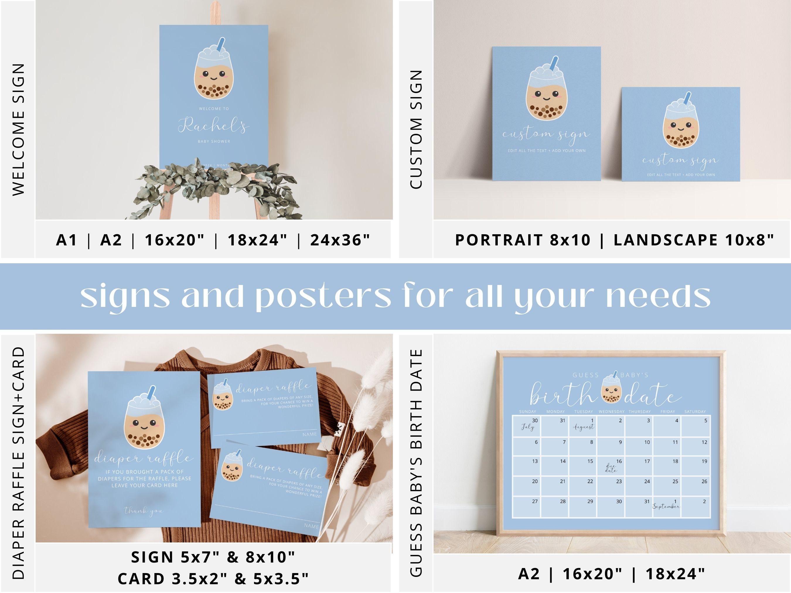 Boba Tea Baby Shower Invitation Bundle, Blue Bubble Milk Tea Baby ...