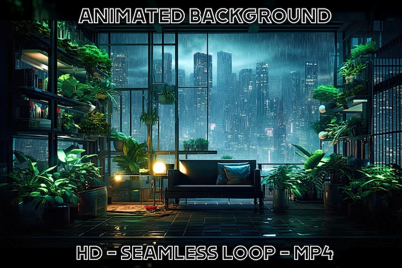 Animated Background Loop - Cyberpunk Plant Apartment for Green Screen SFX Vtuber Zoom Twitch ...