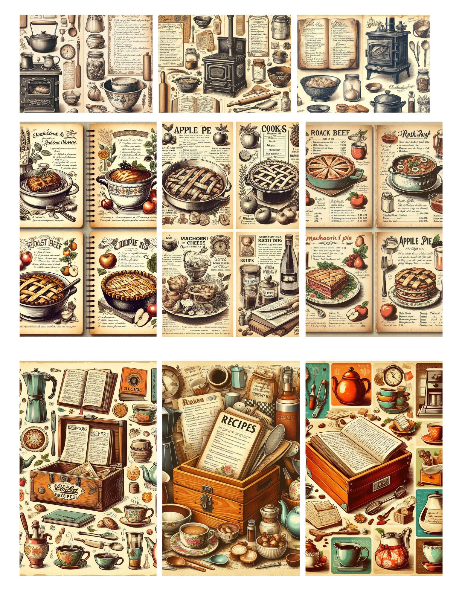 Vintage Cooking Kitchen Digital Paper Collection Scrapbooking Card ...