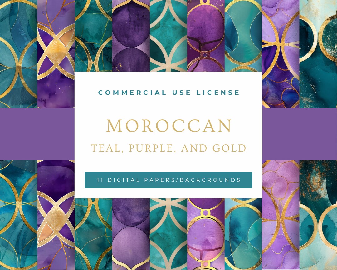 11 Moroccan Themed Digital Papers, Backgrounds, Teal, Purple, and Gold ...